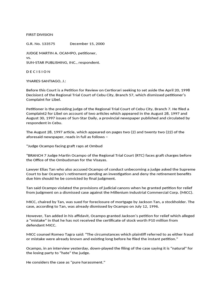 judge ocampo v. sunstar | PDF | Complaint | Injunction