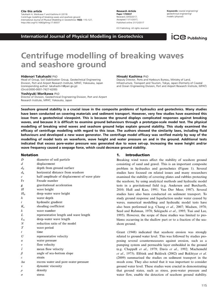 Takahashi_2019_Centrifuge modelling of breaking waves and seashore ground | PDF | Waves | Centrifuge