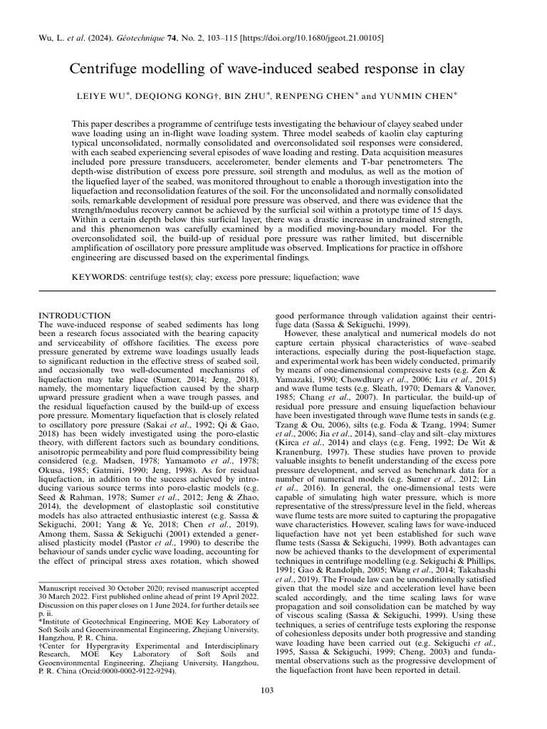 Wu_2024_Centrifuge-modelling-of-wave-induced-seabed-response-in-clay | PDF | Soil Mechanics ...