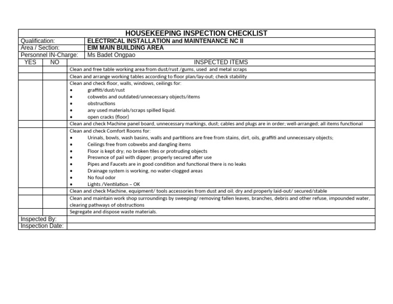 Housekeeping Inspection Checklist | PDF