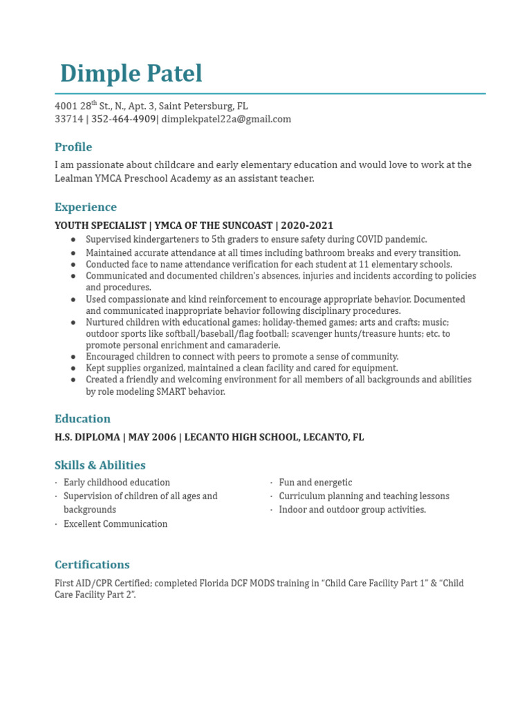 Dimple Patel Preschool Resume | PDF