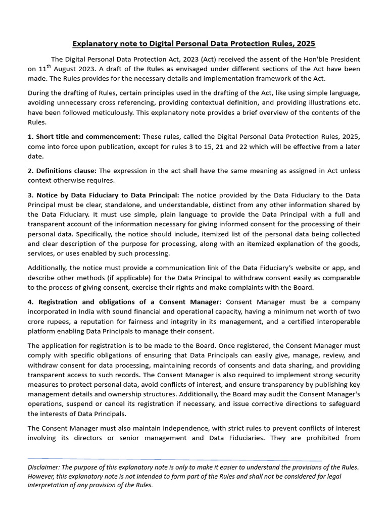 Explanatory Note - DPDP Rules 2025 | PDF | Fiduciary | Computer Security