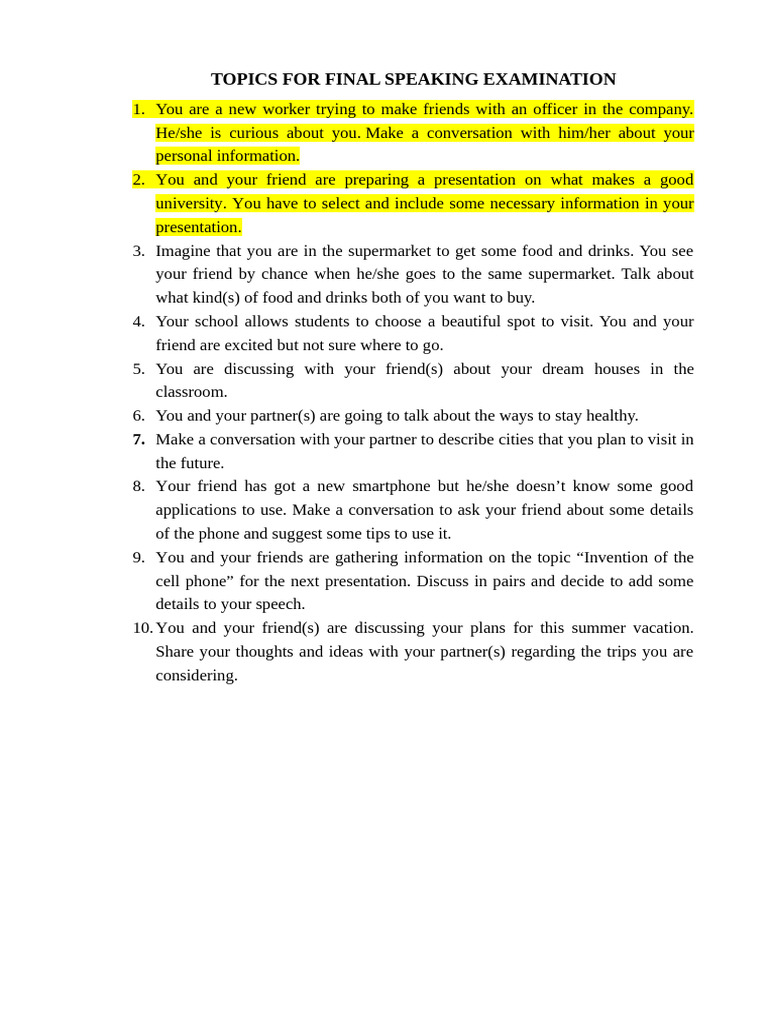 Topics For Final Speaking Examination | PDF