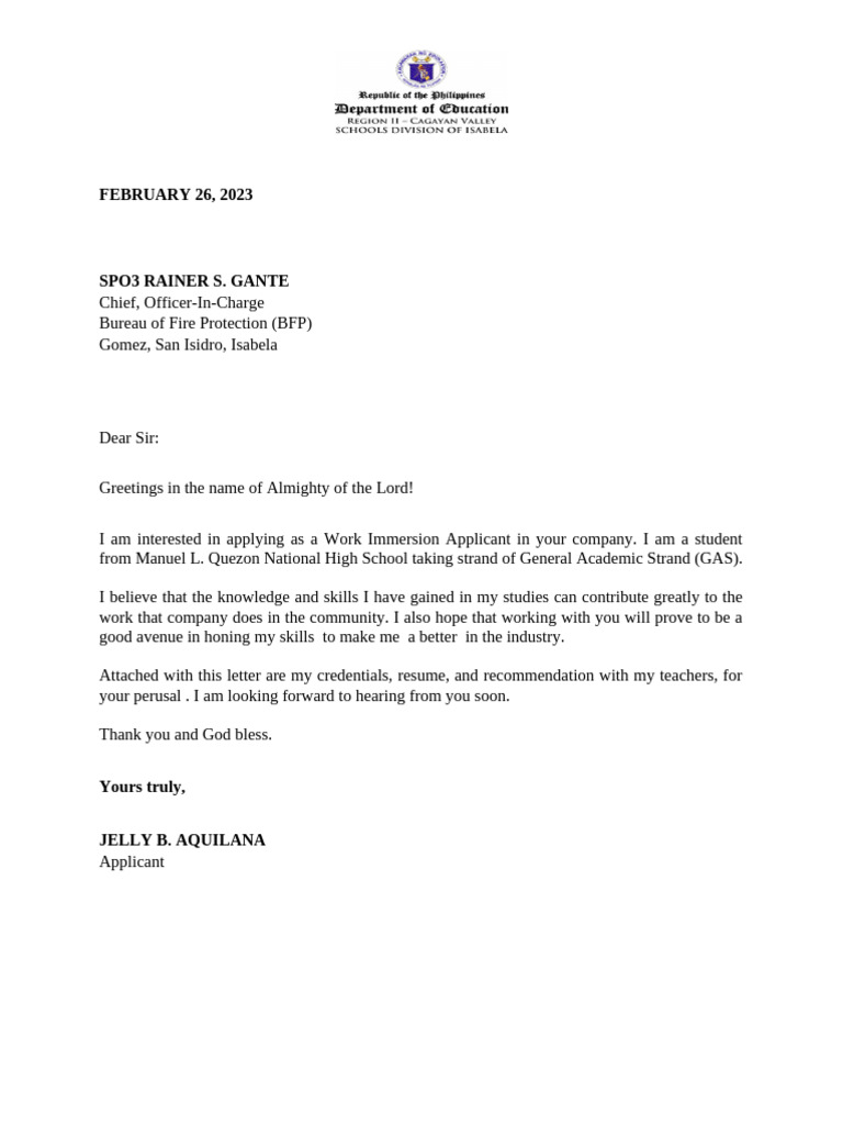 Work Immersion - Letter | PDF