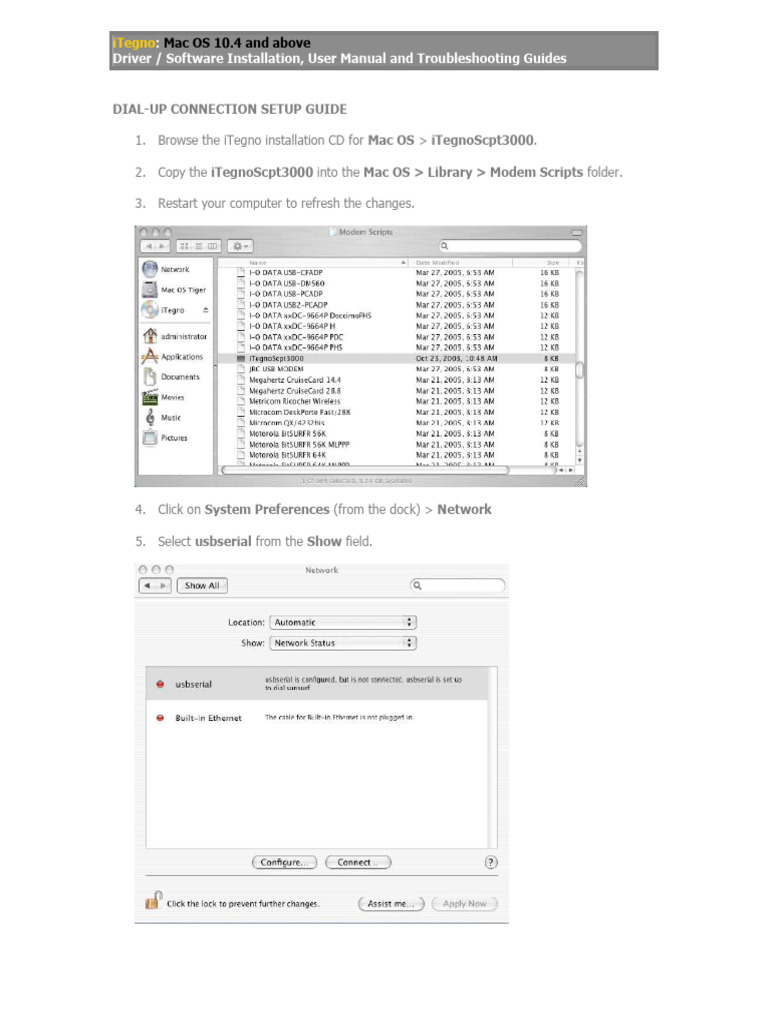 MacOS 10.4--iTegno Dial-up Connection Setup Guide | PDF