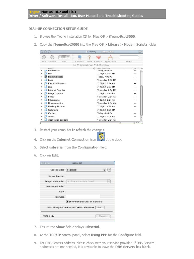 MacOS 10.2 and 10.3 - Itegno Dial-Up Connection Setup Guide | PDF