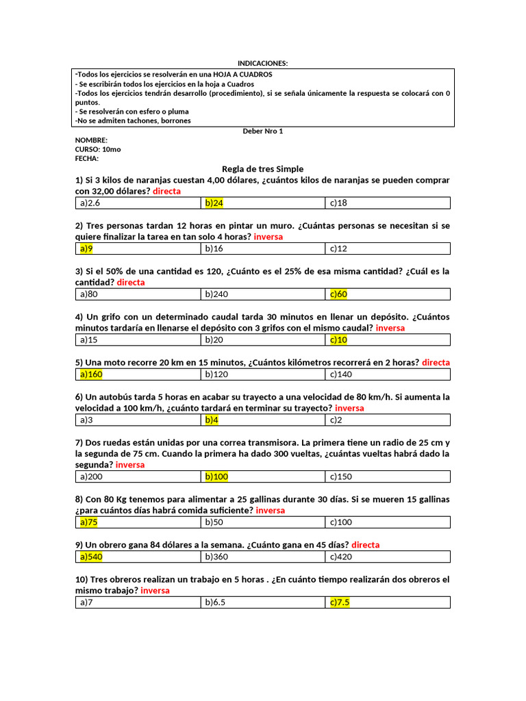 Regla de 3 Simple Directa, Inversa | PDF