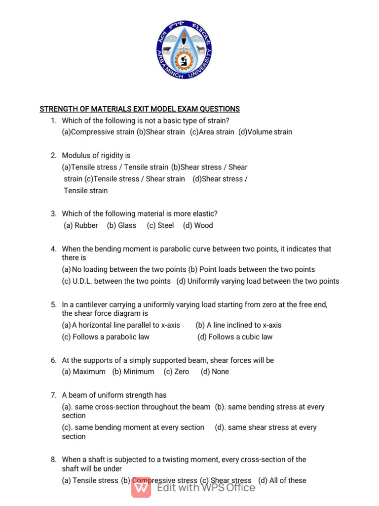 Strength of Materials Exit model exam questions (5) | PDF | Stress ...