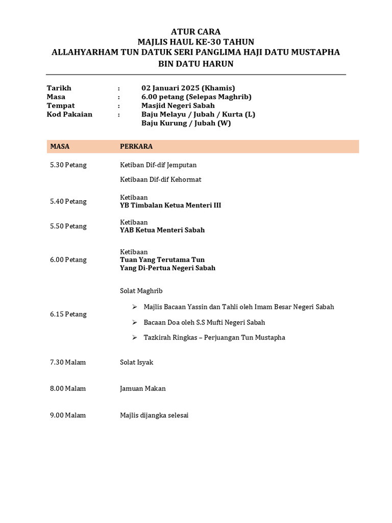 Atur Cara Majlis Haul Tun Mustapha | PDF