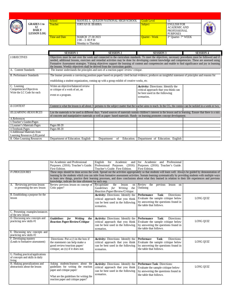 DLL- ENGLISH FOR ACAD 3 | PDF | Learning | Teachers