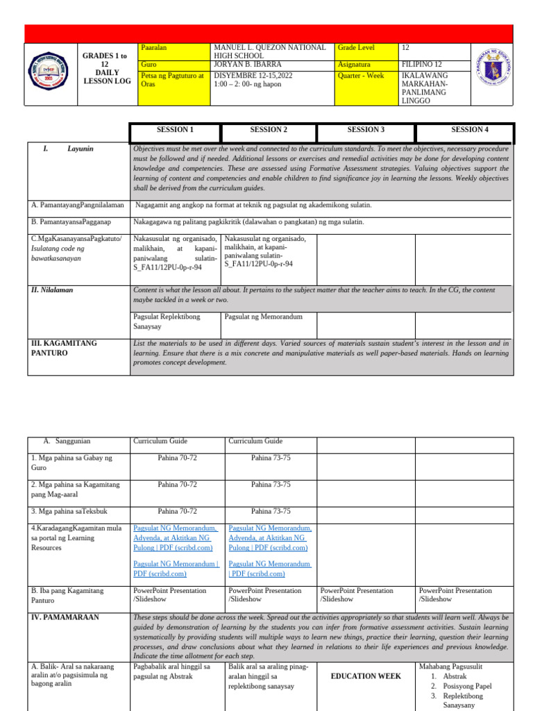 DLL - Filipino 12 | PDF