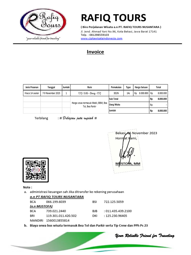 Invoice Sewa Bus Wisata Rafiq Tours | PDF