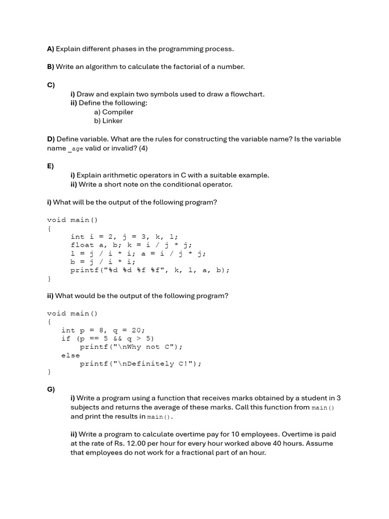 Prev Year Questions | PDF | Computer Program | Programming