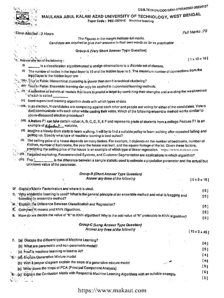 Btech Pec Cs 7 Sem Machine Learning Pec Cs701e 2023 | PDF