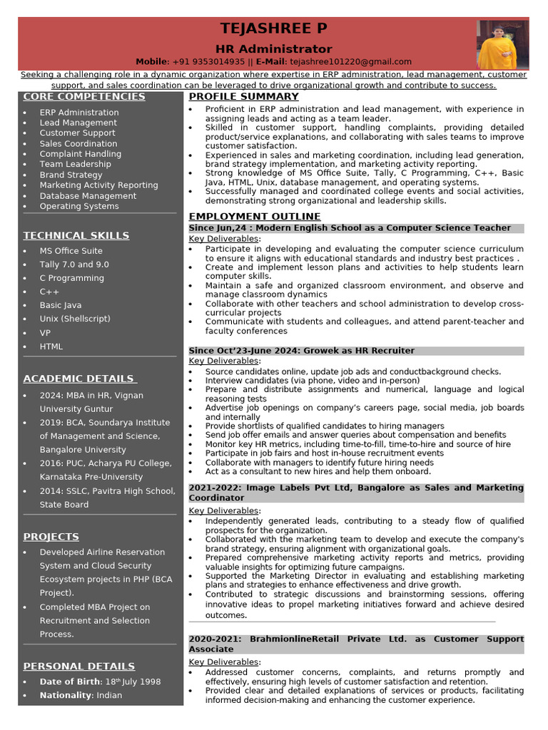 Tejashree R prasad CV-2 | PDF | Enterprise Resource Planning | Customer Experience