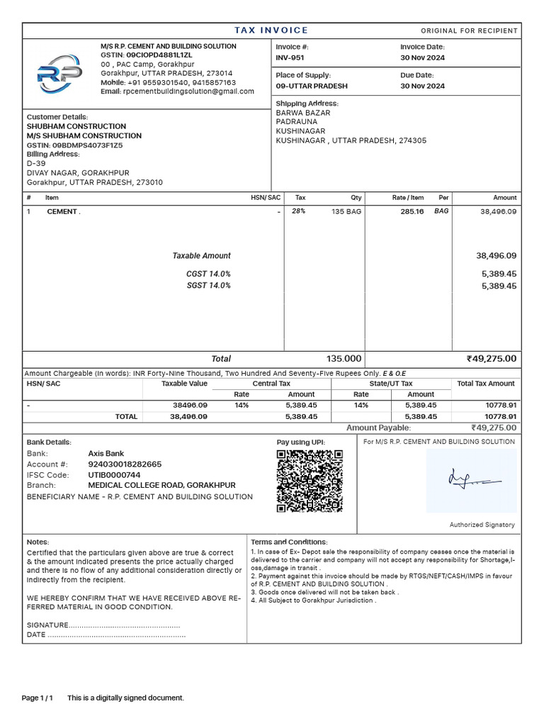 Cement Invoice for Shubham Construction | PDF | Taxes | Money
