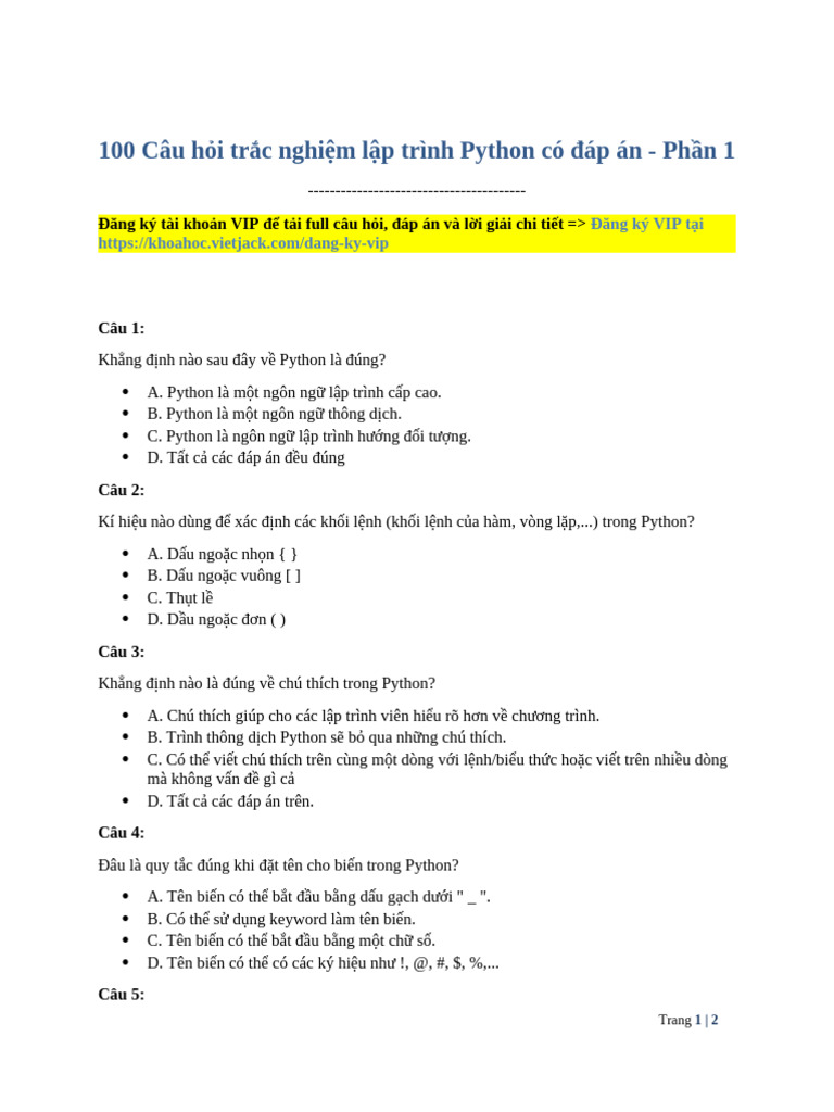 100 Cau Hoi Trac Nghiem Lap Trinh Python Co Dap An Phan 1 2025-01-05 | PDF