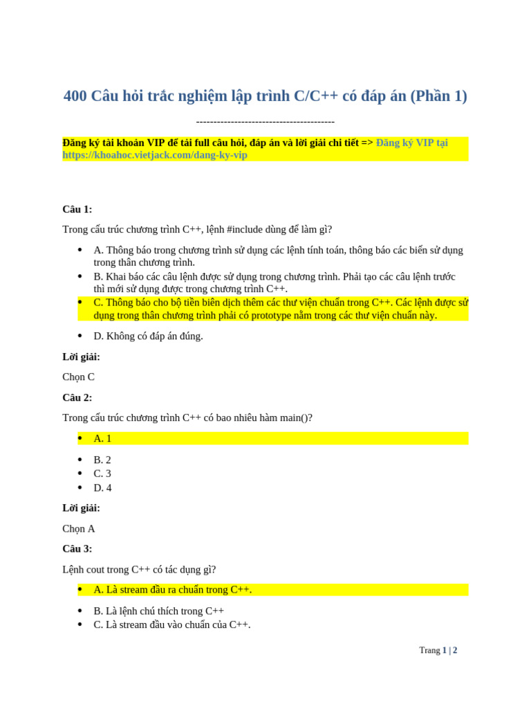 400 Cau Hoi Trac Nghiem Lap Trinh C C Co Dap An Phan 1 2025-01-06 | PDF