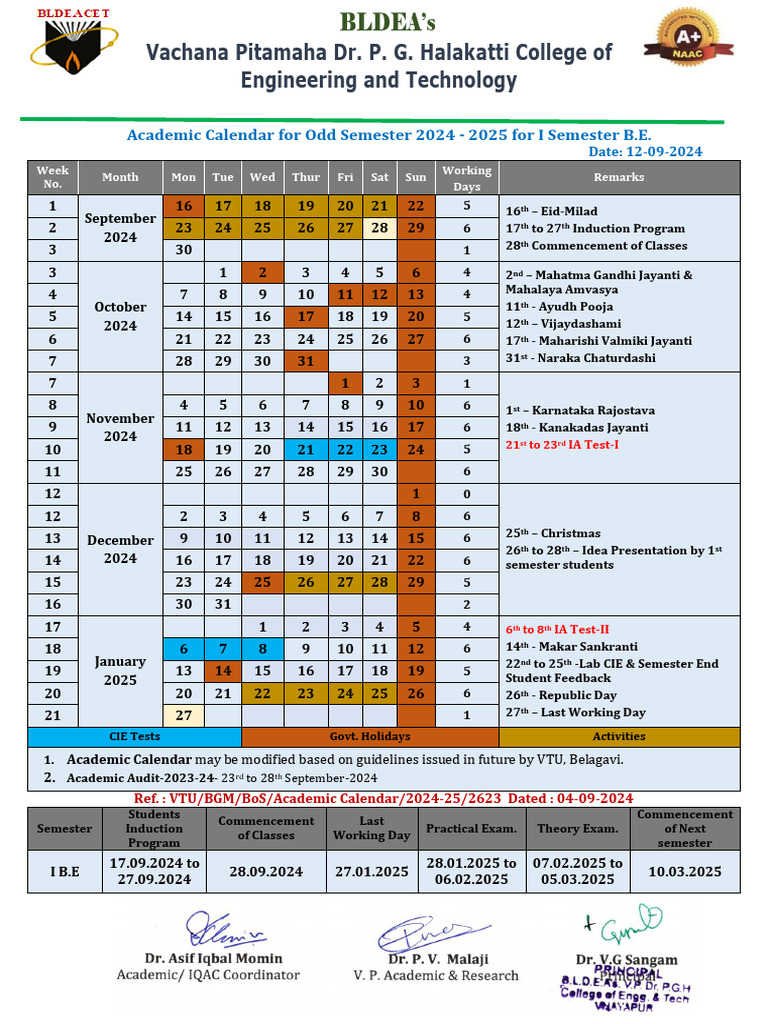 Academic Calendar - I Semester B.E. | PDF | Academic Term | Educational ...