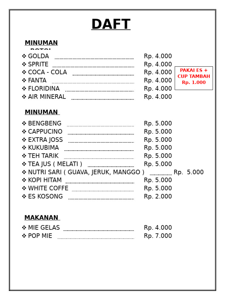 Minuman Botol: Pakai Es + Cup Tambah Rp. 1.000 | PDF