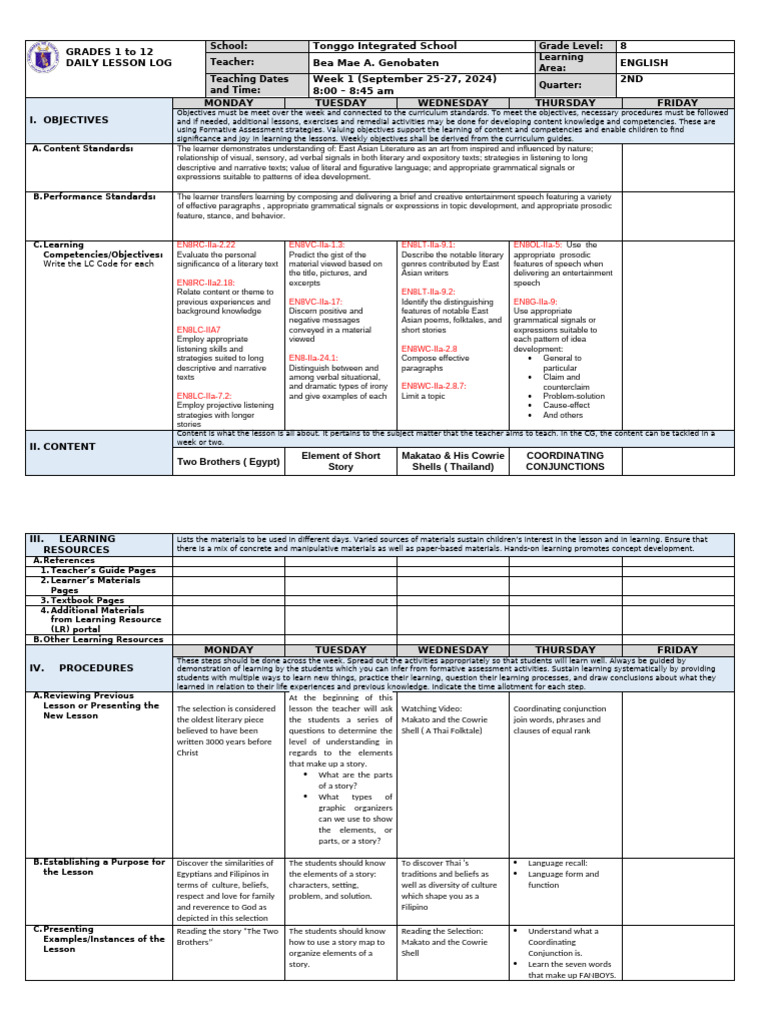 DLL ENG8 2NDQ 1st Week Edited | PDF | Learning | Knowledge