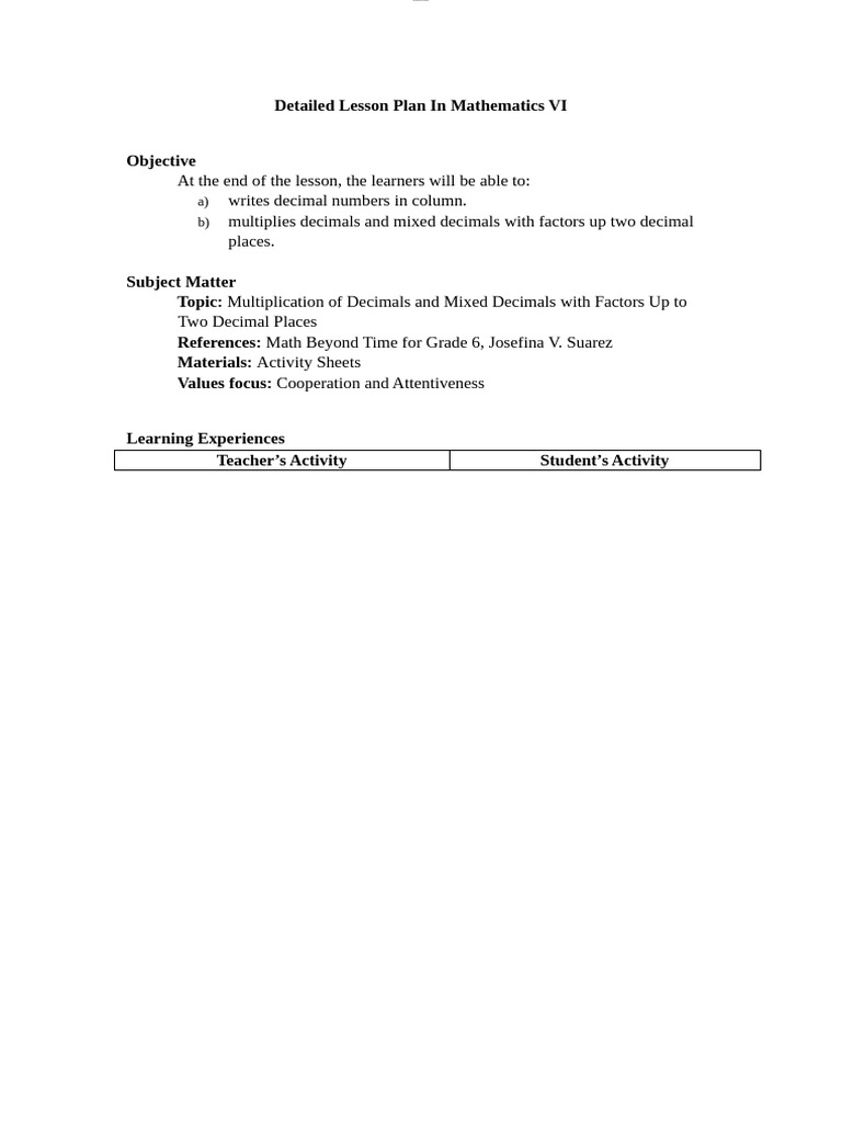 Lesson Plan: Multiplying Decimals VI | PDF | Numbers | Lesson Plan