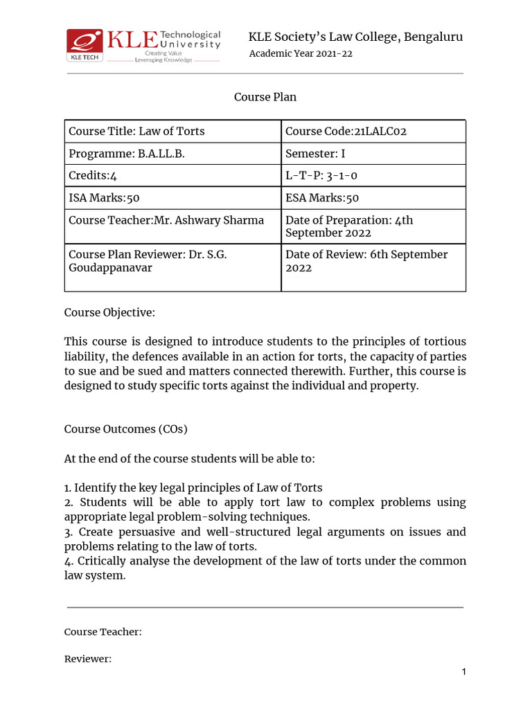 Law of Torts Course Plan I Sem B.a.ll.B. | PDF | Tort | Trespass