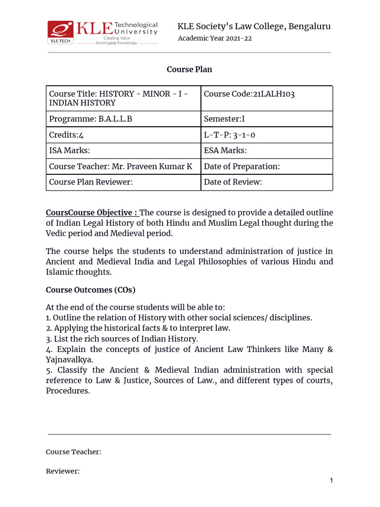 HIstory - I Course Plan 2021 | PDF