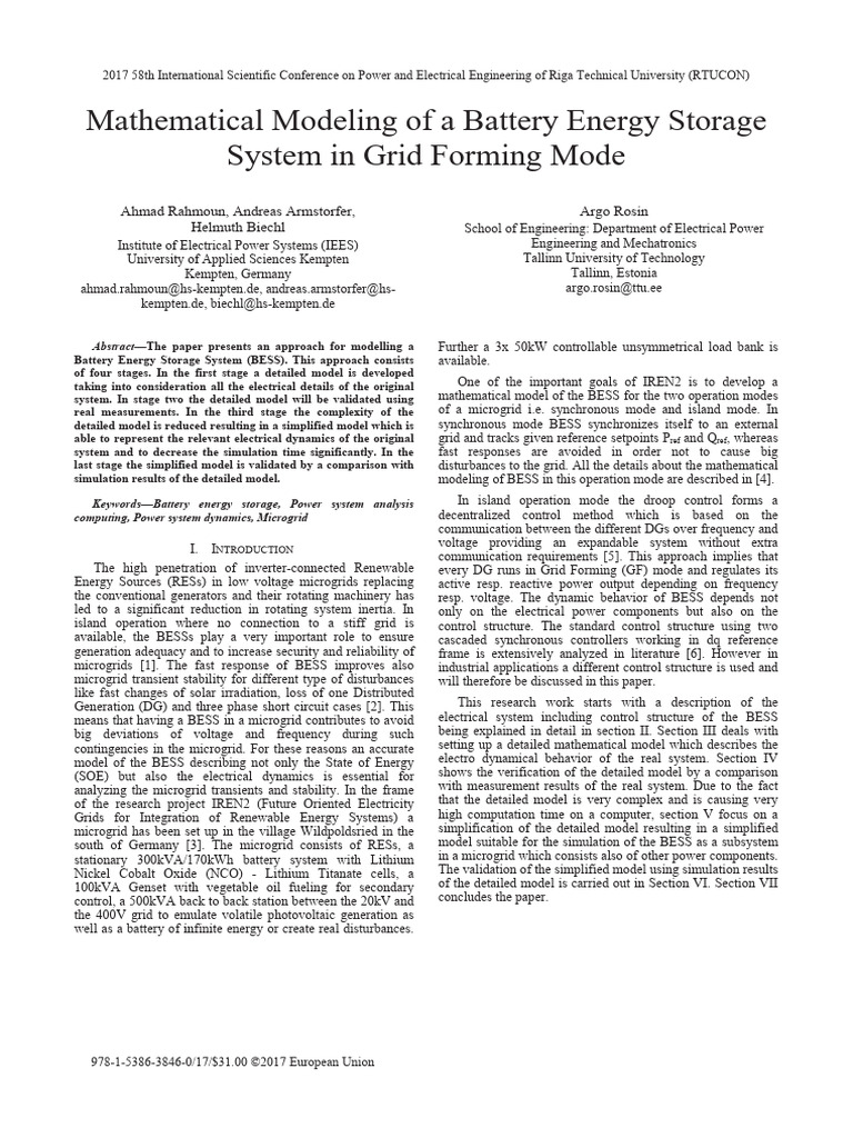 Mathematical Modeling of A Battery Energy Storage System in Grid ...
