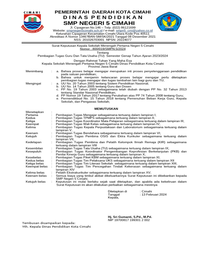 SK Pembagian Tugas Mengajar DLL Tapel 2022-2023 - Genap | PDF