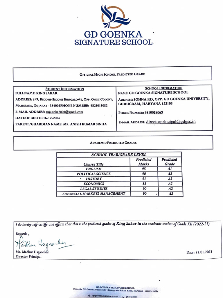 Predicted Grades - King Sakar | PDF
