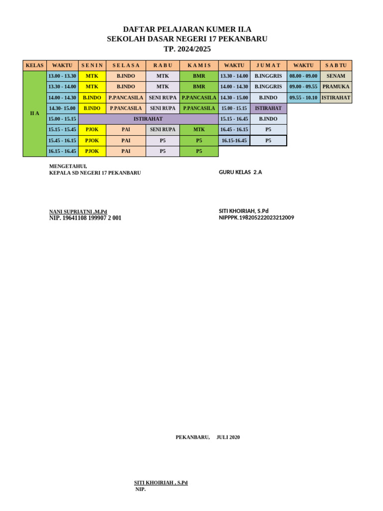 Daftar Pelajaran Kelas Ii A 2024-2025 | PDF