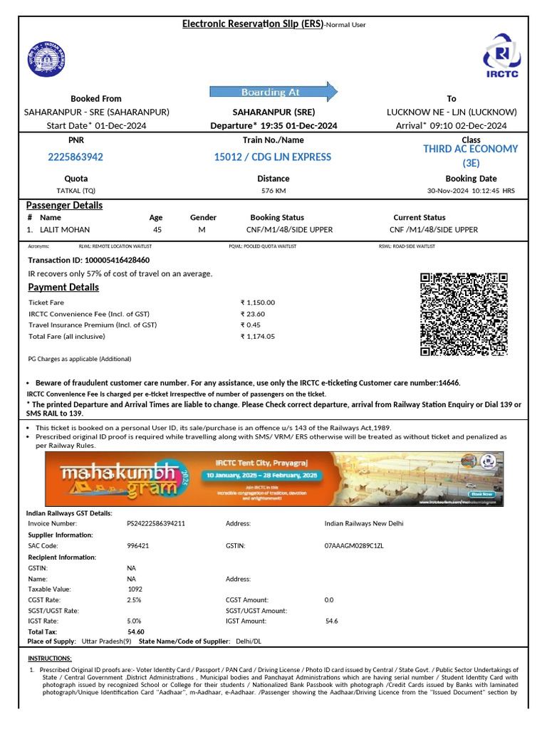 deepak ticket | PDF | Identity Document | Payments