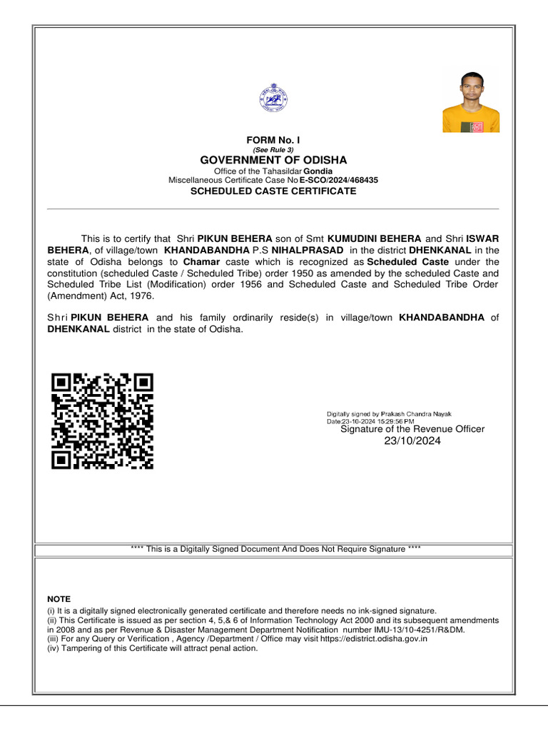 Odisha Scheduled Caste Certificate | PDF