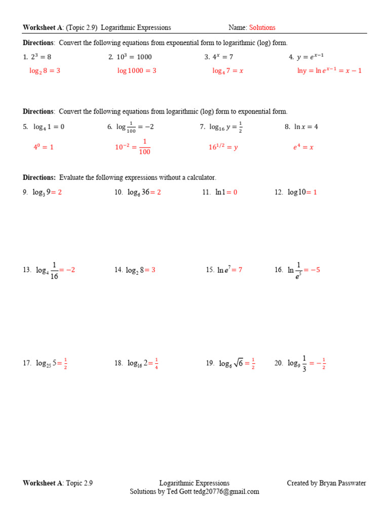 Worksheet A Key Topic 2.9 Log Expressions | PDF | Logarithm | Mathematics