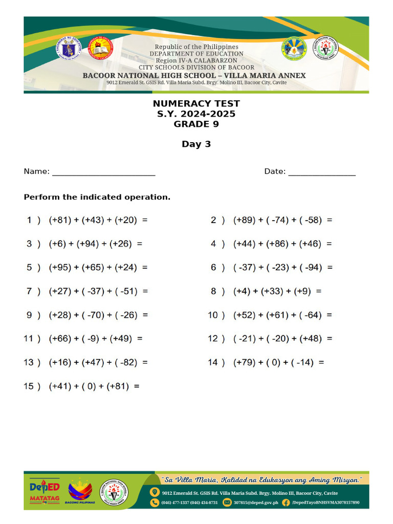 Numeracy Test Grade 9 - Oct16-17, 2024 | PDF
