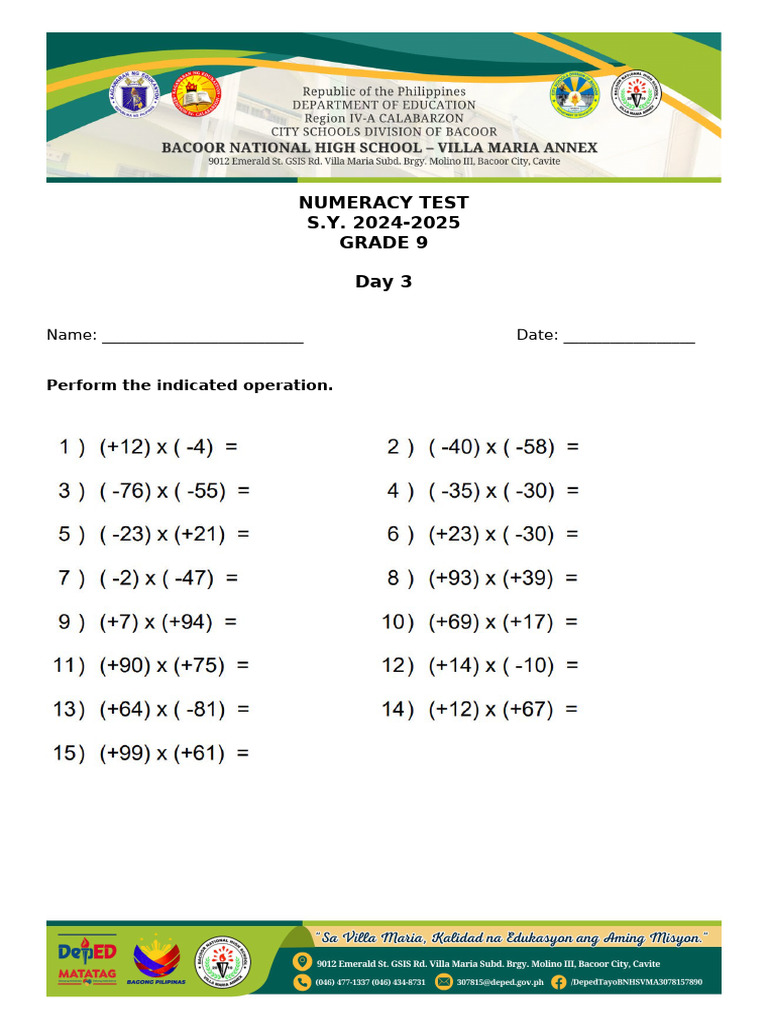 Grade 9 Numeracy Test 2024-2025 | PDF
