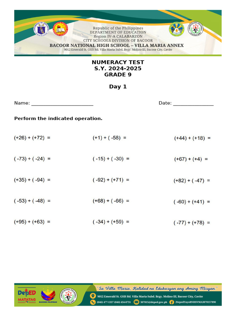 Numeracy Test Grade 9 - Oct14 | PDF