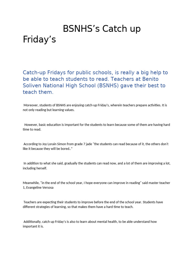 BSNHS's Catch Up Friday's | PDF
