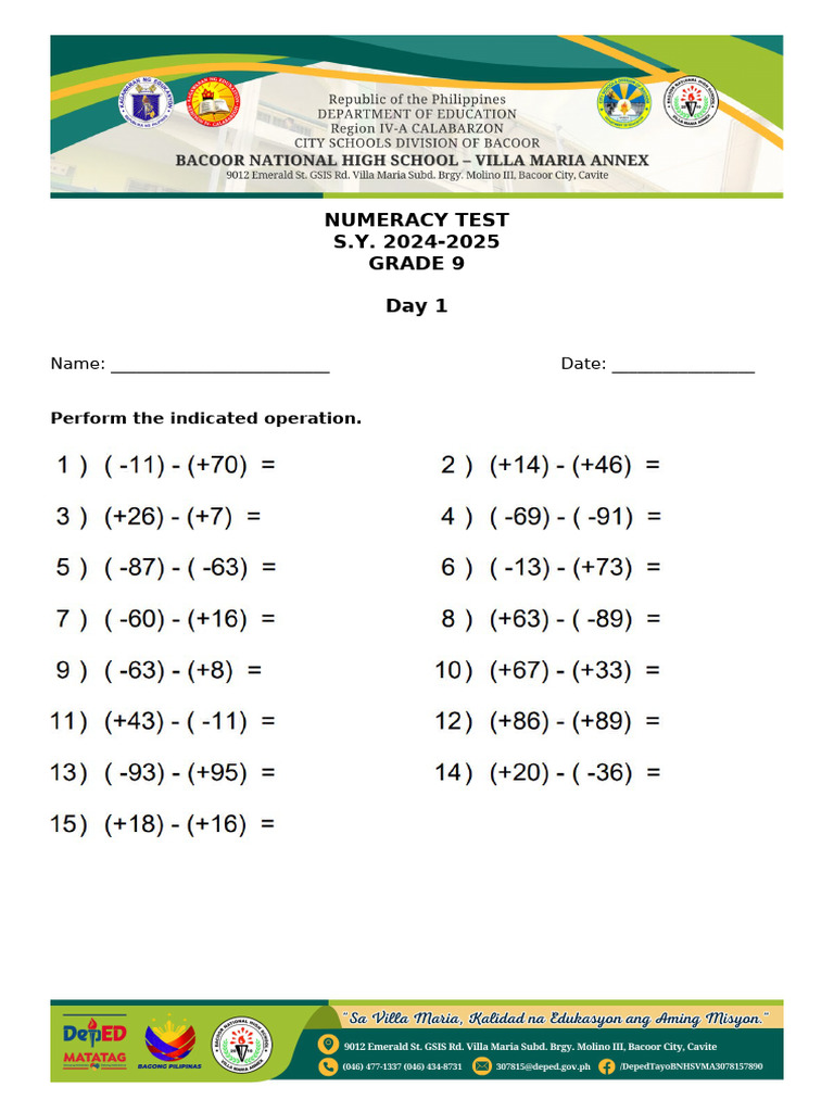 NUMERACY TEST GRADE 9 - Oct28-30 | PDF