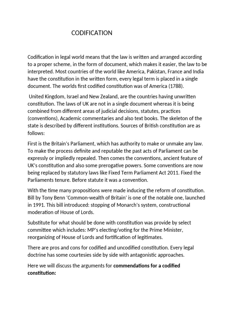 CODIFICATION | PDF | Constitution | Constitution Of The United Kingdom