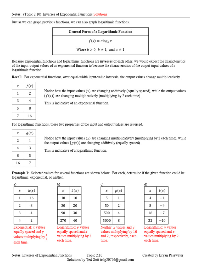 Notes Topic 210 Key Inverses Of Exponential Functions Pdf Logarithm Function Mathematics