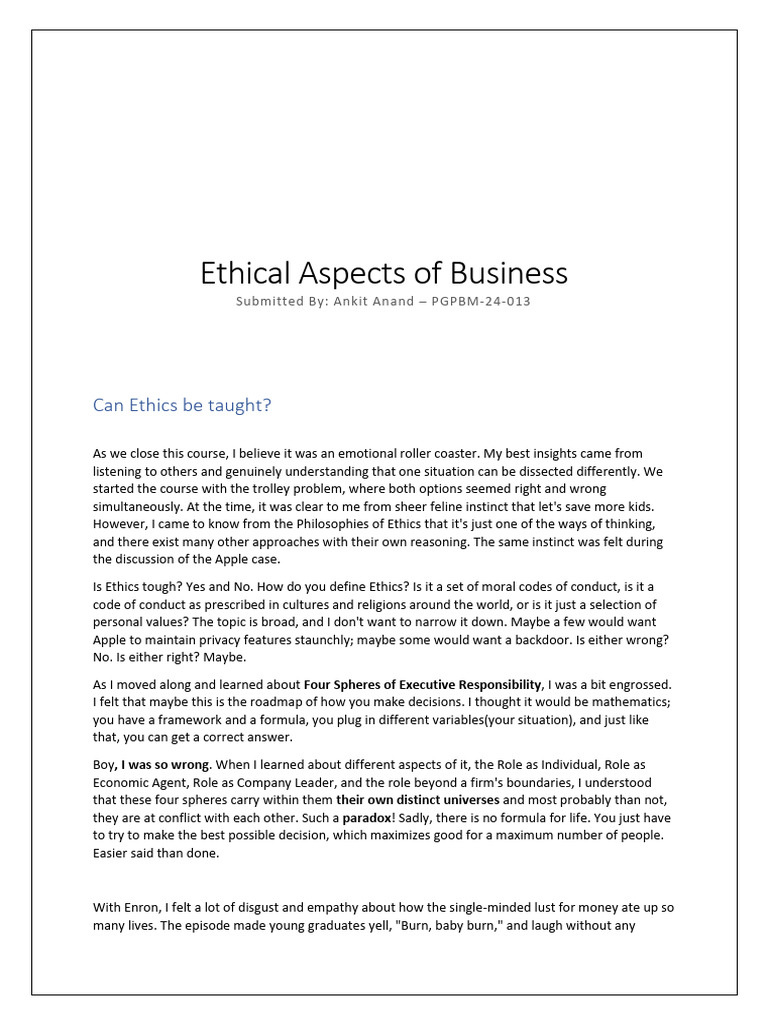 Ethical Aspects of Business_Ankit Anand_Div D_PGPBM-24-013 | PDF