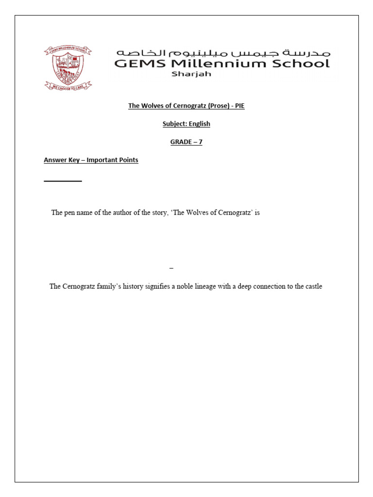 "Wolves of Cernogratz: Grade 7 Key" | PDF | Traditions