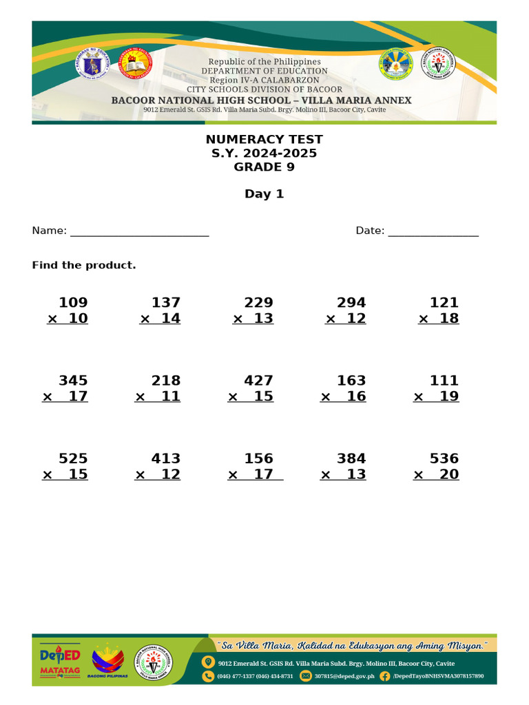 Grade 9 Numeracy Test 2024-2025 | PDF