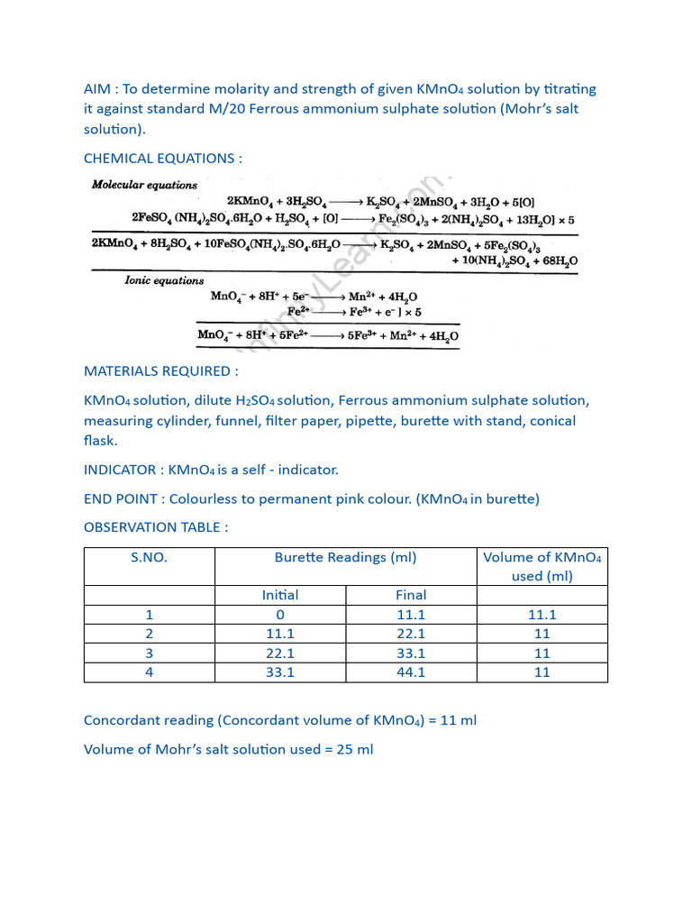 TITRATION - FAS (FERROUS AMMONIUM SULPHATE or MOHR'S SALT SOLUTION) | PDF