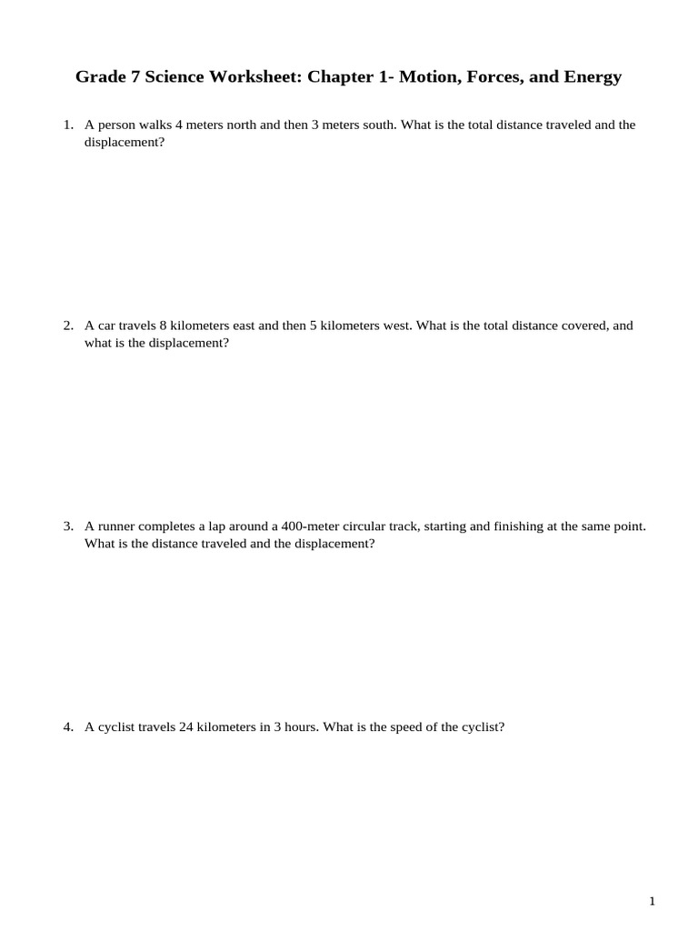 G7 Science Worksheet Chapter 1 Motion, Forces and Energy | PDF | Force ...