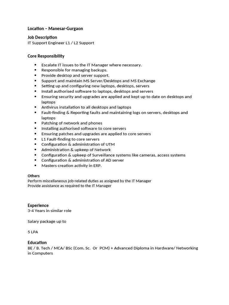 IT Support Engineer Job Description | PDF