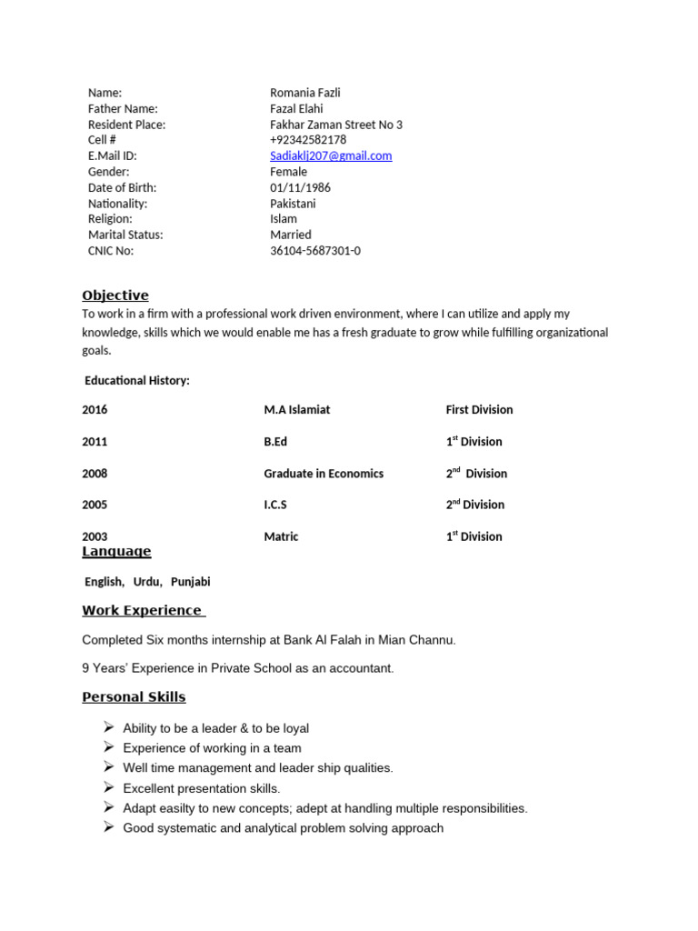 Professional Profile of Romania Fazli | PDF