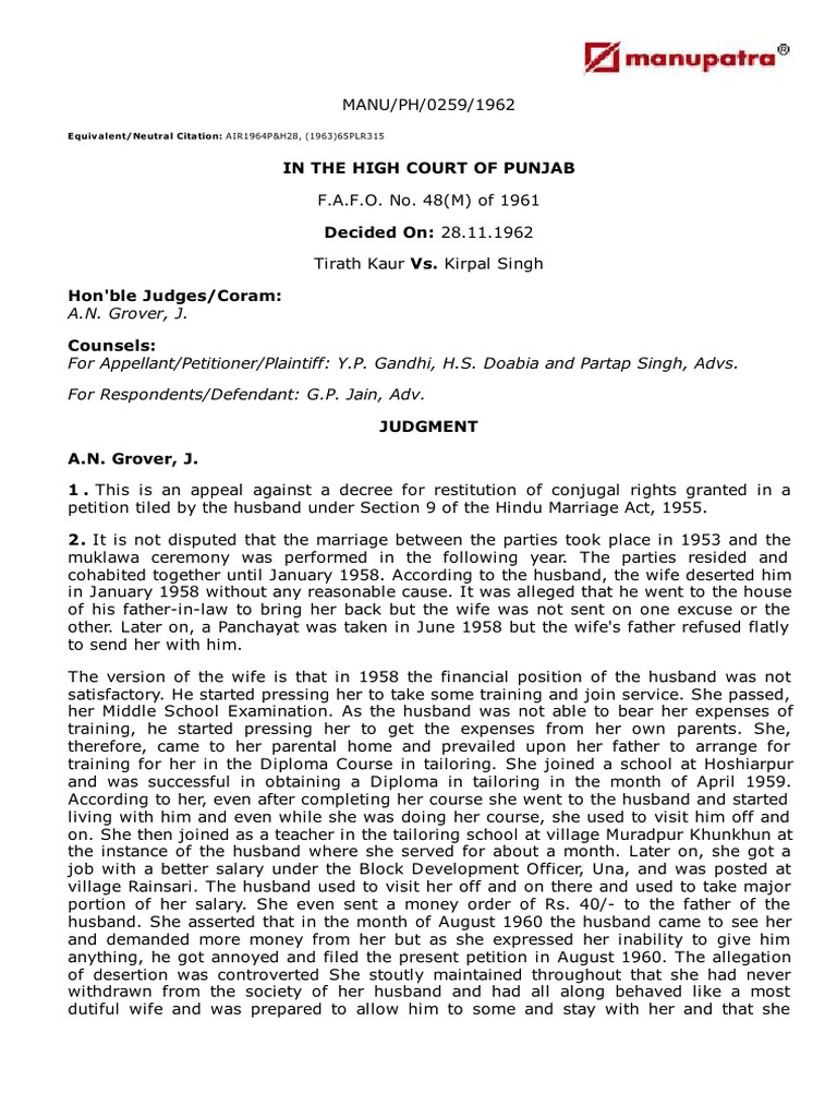 Tirath Kaur vs. Kirpal Singh Case Summary | PDF | Husband | Justice